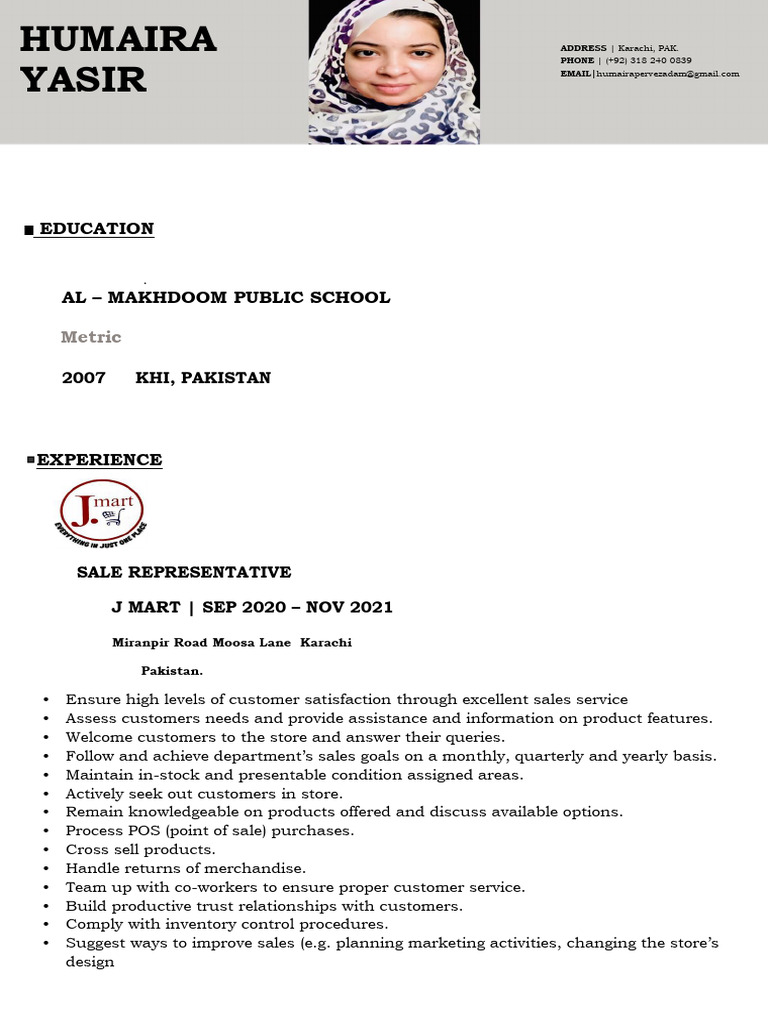 Humaira Yasir Resume | PDF | Sales | Human Communication