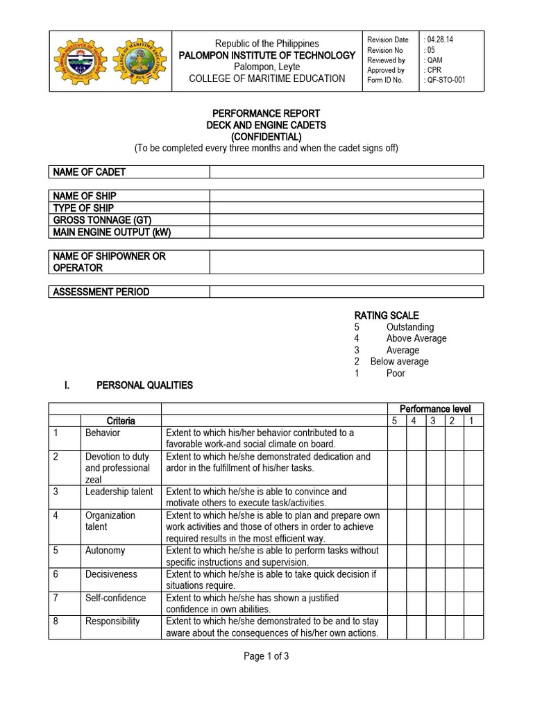 QF STO 001 Performance Report Deck and Engine Cadets CONFIDENTIAL | PDF ...