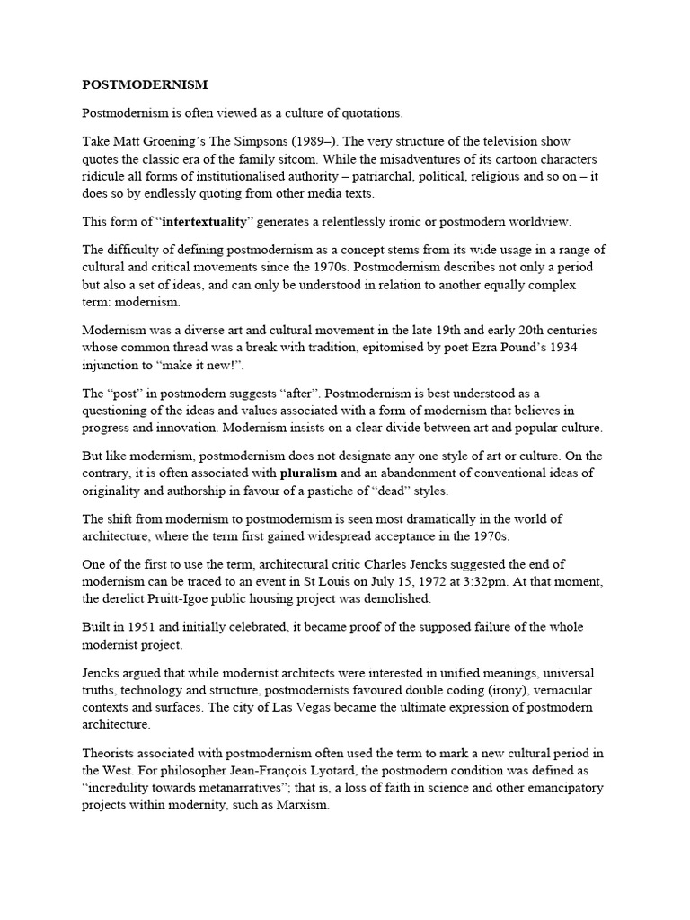 POSTMODERNISM | PDF | Postmodernism | Modernism