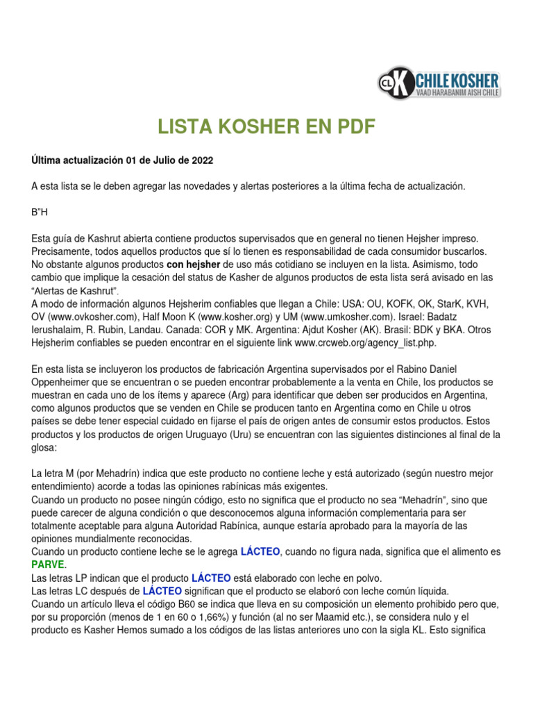 Listado Kosher Chile | PDF | Postres | Aceite de oliva