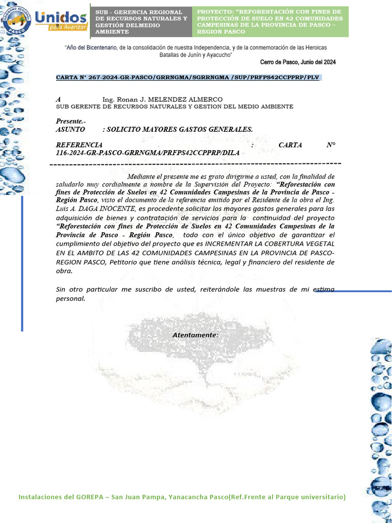 CARTAS Nº 001 SOLICITUD DE MAYORES GASTOS GENERALES 2024 | PDF ...