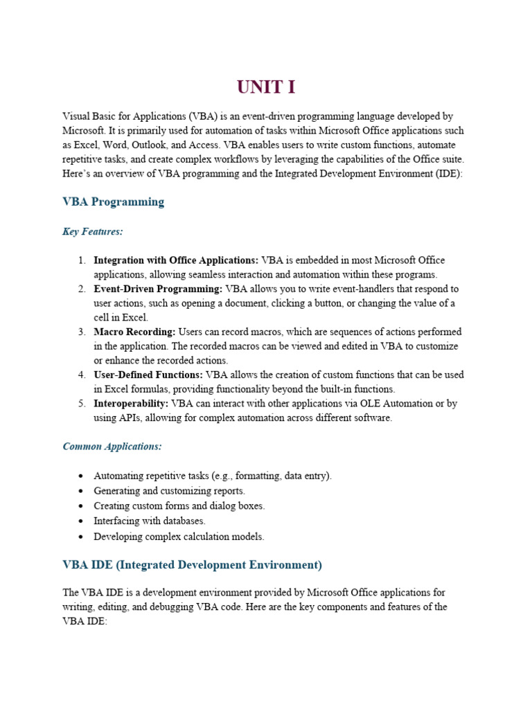 VBA UNIT 1 | Download Free PDF | Visual Basic For Applications | Microsoft Excel