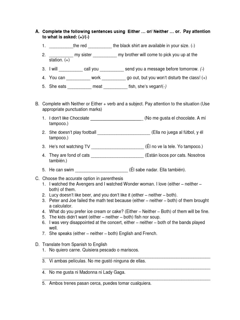 English III Either... or Neither... Nor Practice | PDF
