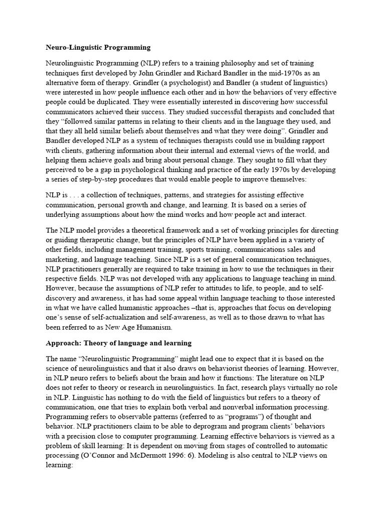 Neurolinguistic Programming | PDF | Neuro Linguistic Programming | Learning