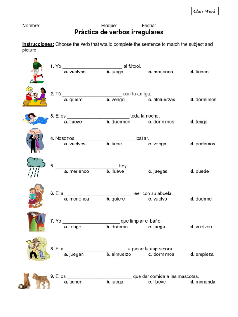 Verbos Irregulares Irregular Verbs Ejercicio Quiz | PDF