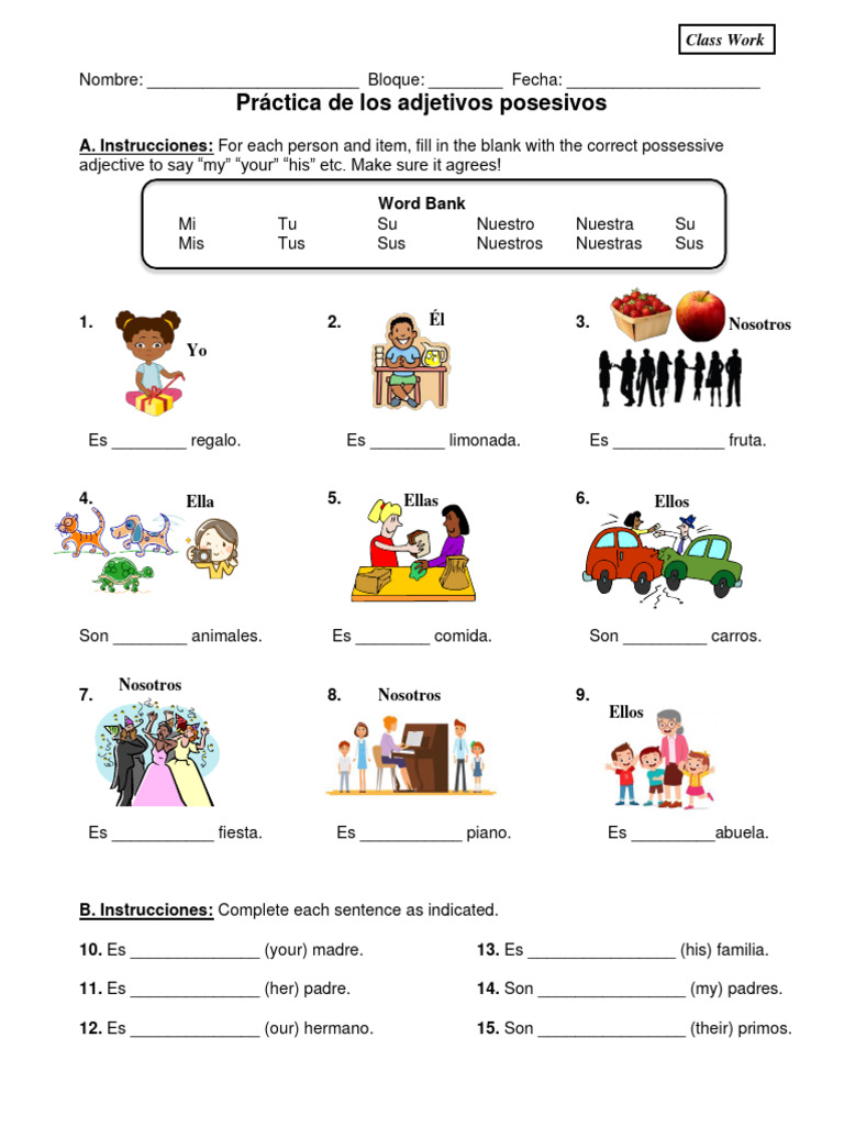 Adjetivos Posesivos Possesive Adjectives Ejercicio Quiz | PDF