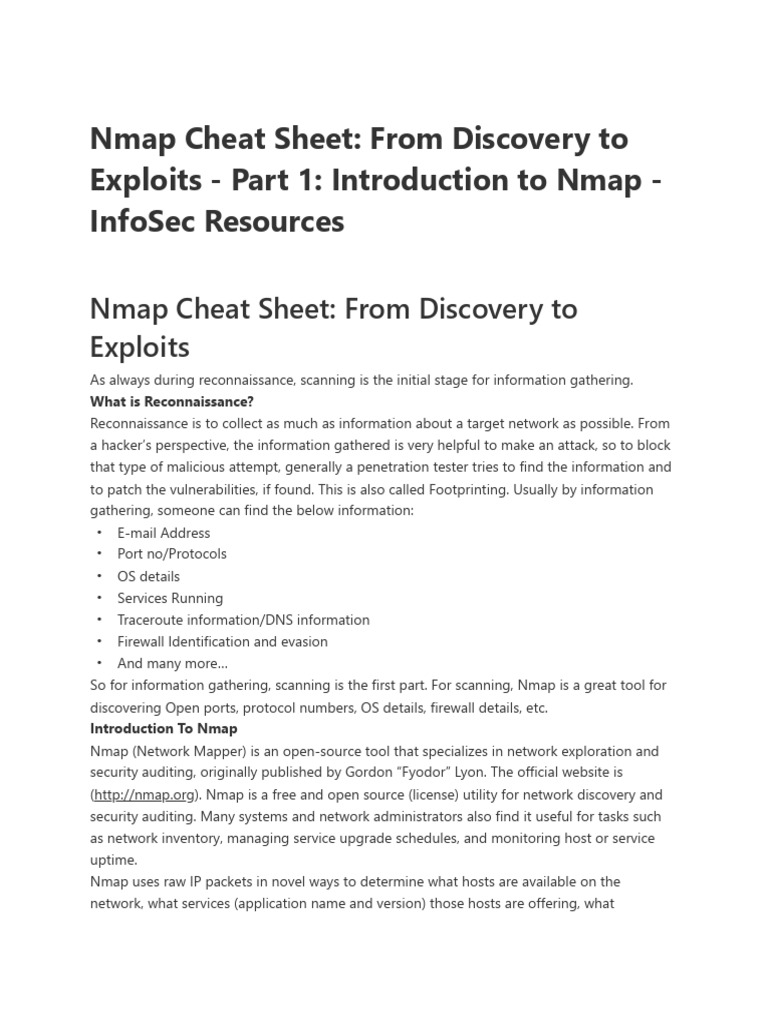 Nmap Cheat Sheet From Discovery To Exploits - Part 1 Introduction To Nmap | PDF | Domain Name ...