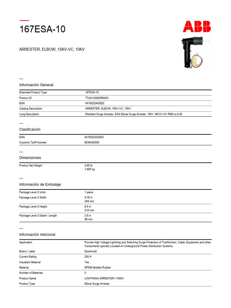 ELS-167ESA-10 CODO APARTARRAYO, OPERACIÓN CON CARGA DE 15KV, 200A., 8.4 KV RMS. ELASTIMOLD | PDF ...