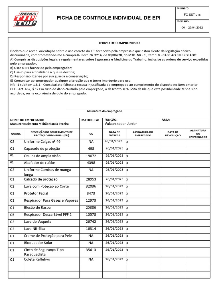 Ficha de Controle de EPI e Termo de Compromisso | PDF