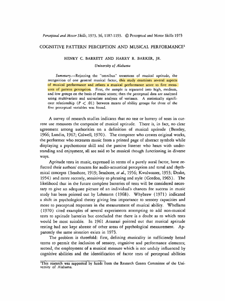 Cognitive Pattern Perception and Musical Performance1 | PDF ...
