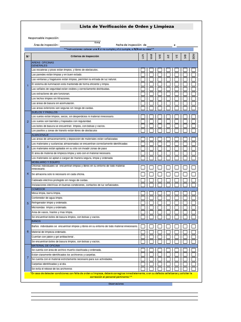 Check List de Orden y Limpieza | PDF