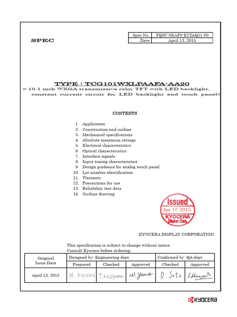 TCG101WXLPAAFA-AA20 - Eng - PDF Pantalla Moog | PDF | Reliability Engineering | Touchscreen