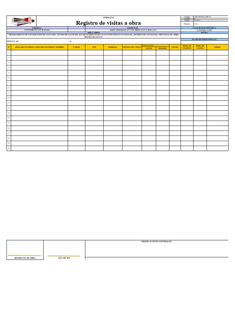 FORMATO 050 Registro de Ingreso de Visitas A Obra | PDF