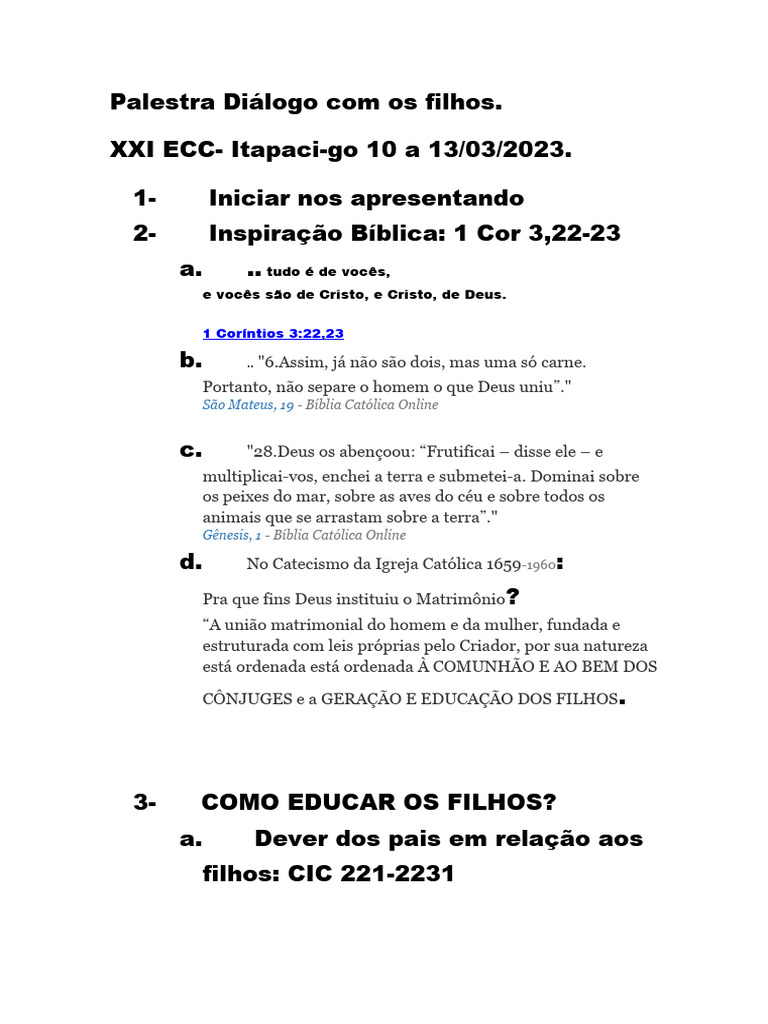 Palestra Diálogo Com Os Filhos | PDF | Amor | Igreja católica