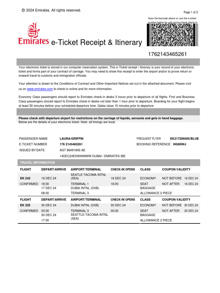 Emirates e-Ticket Receipt & Itinerary | PDF