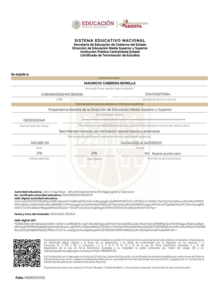 Certificado de Bachillerato 2024 | PDF