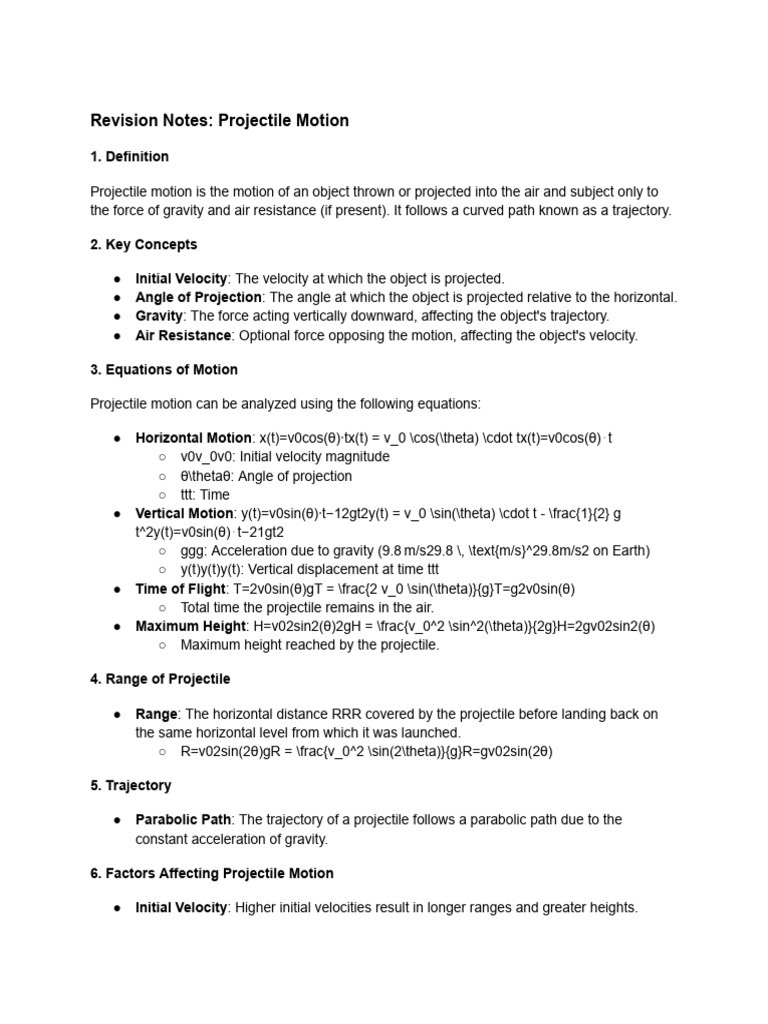 Revision Notes Projectile Motion Pdf Projectiles Flight
