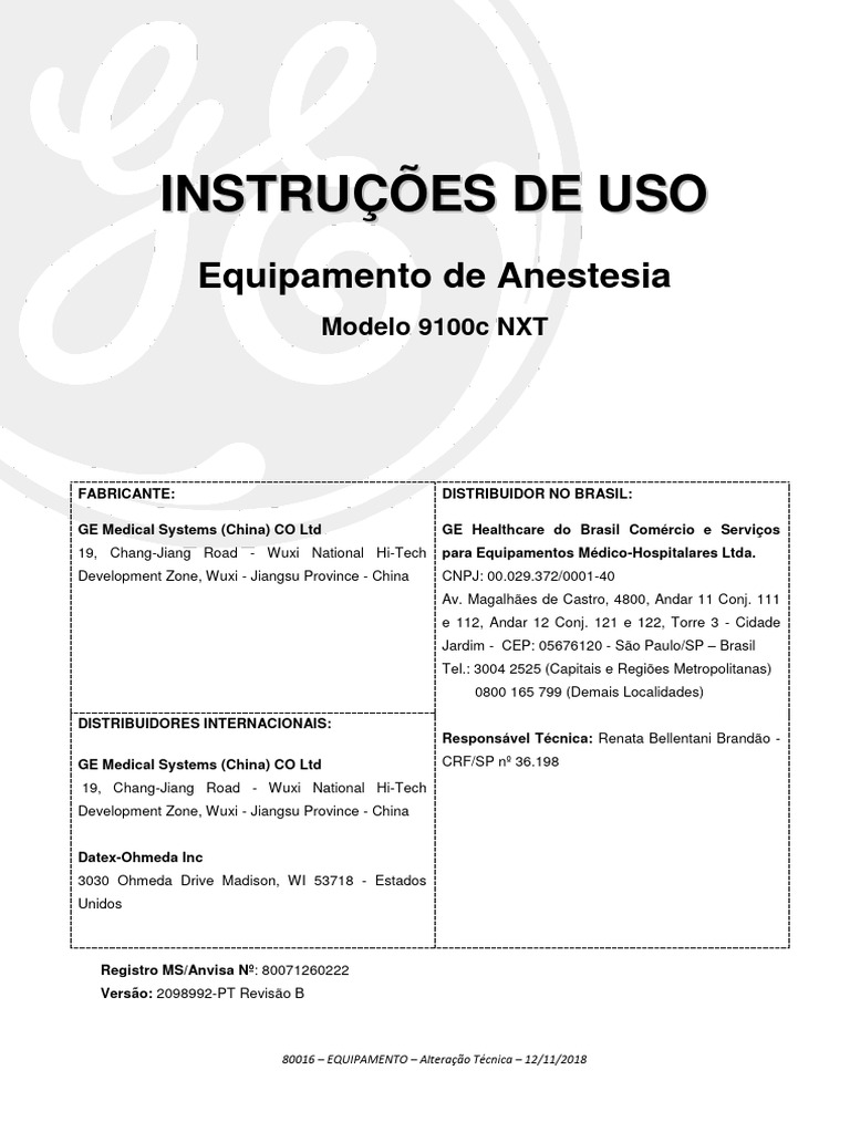 Manual GE 9100C NXT - Compactado | PDF | Anestesia | Fonte de energia