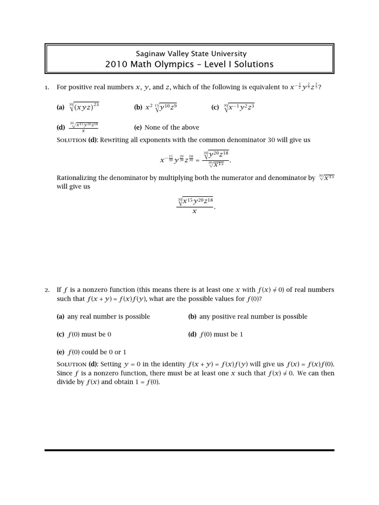 2010 Level1 Solutions | PDF | Equations | Algebra