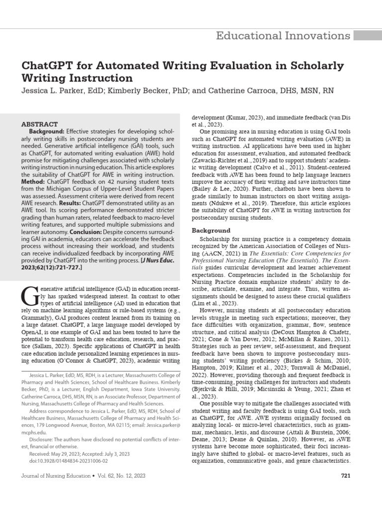 Parker Et Al 2023 Chatgpt For Automated Writing Evaluation in Scholarly Writing Instruction ...