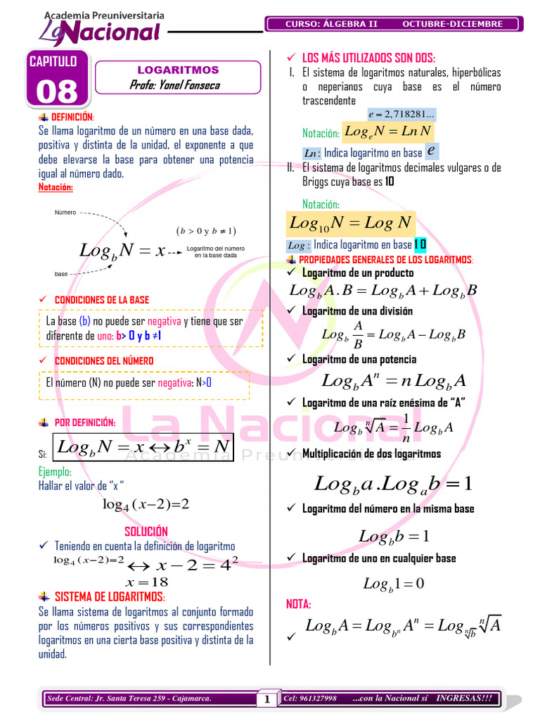 PRÀCTICA N°8-LOGARITMOS-ÁLGEBRA II | PDF | Logaritmo | Exponenciación