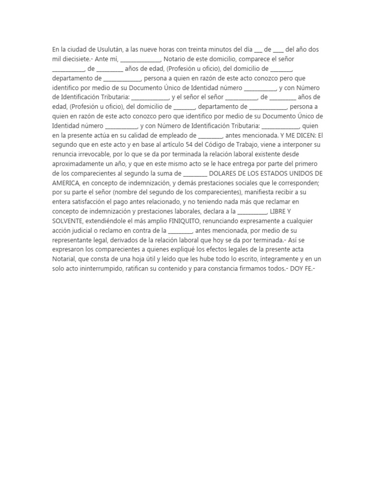 Modelo de Finiquito Laboral El Salvador | PDF