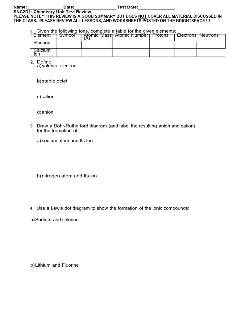 15 - Chem Unit Test Review-2024 | PDF | Ion | Chemical Compounds