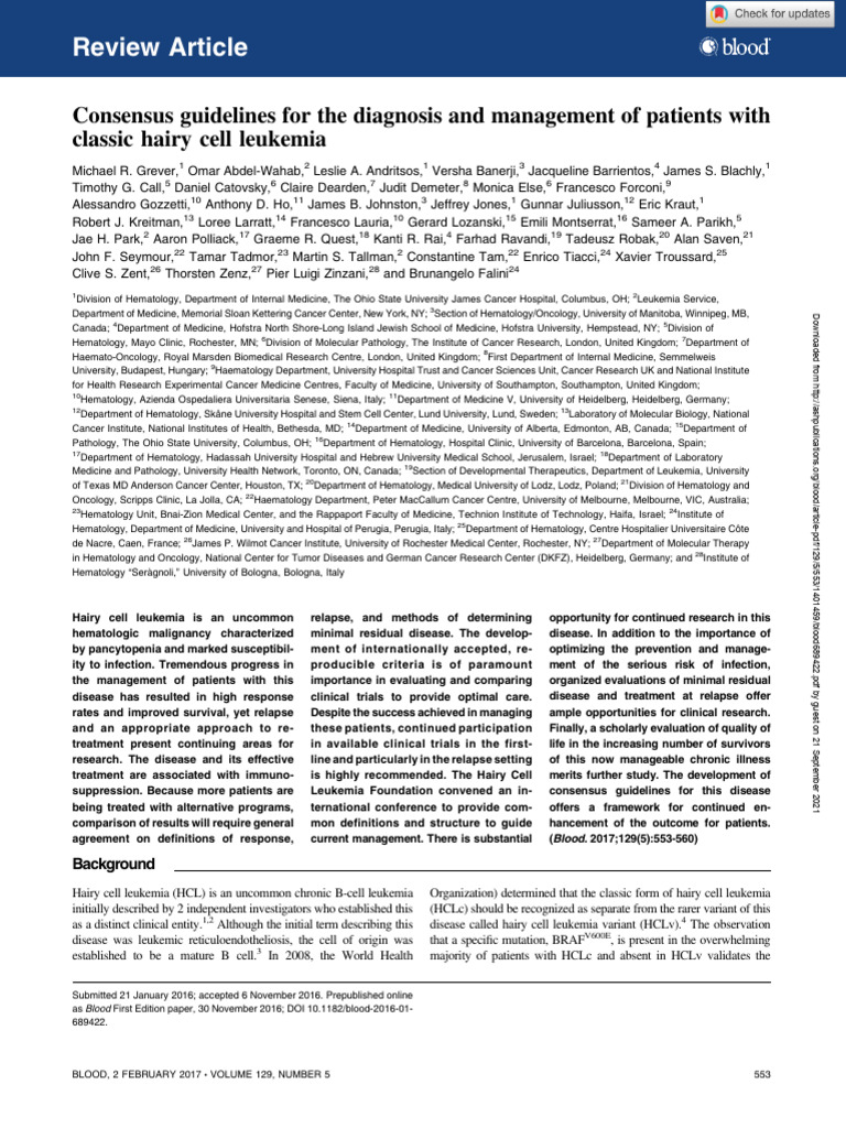 Consensus Guidelines For The Diagnosis and Management of Patients With Classic Hairy Cell ...
