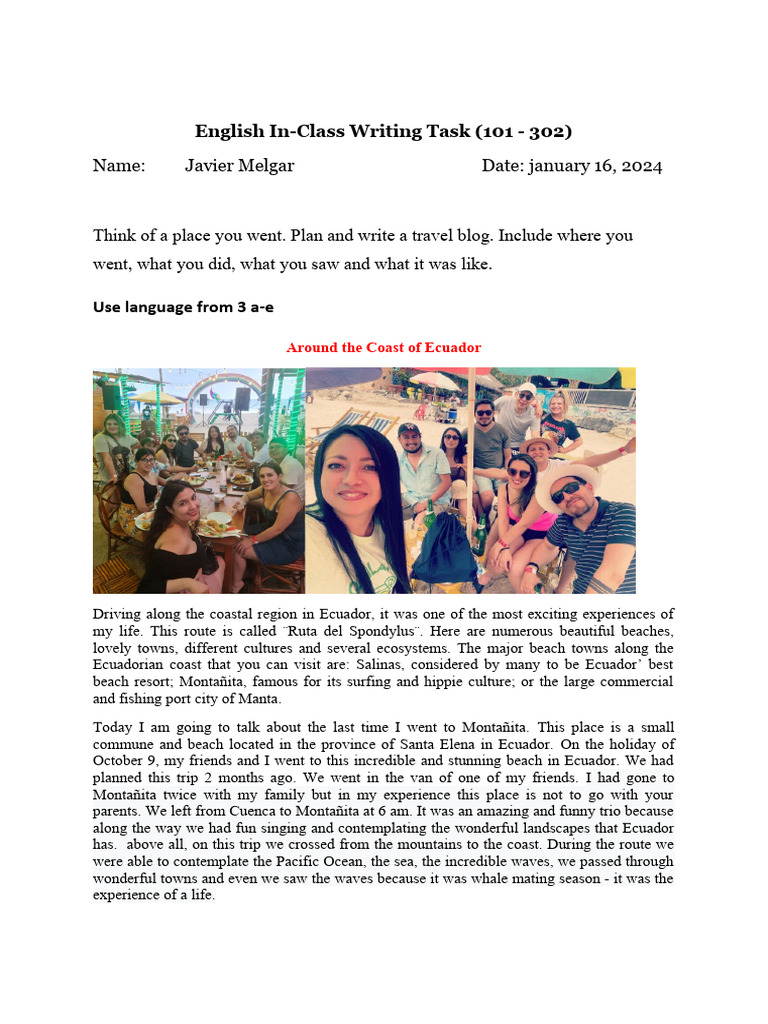 Writing Task - Travel Blog | PDF | Coast | Ecuador