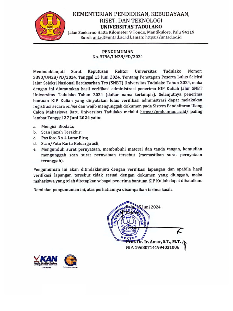 Pengumuman Lulus Seleksi Berkas Kip K-SNBT 2024 | PDF