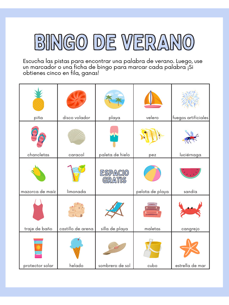 Bingo de Verano: Palabras y Pistas | PDF | Helado
