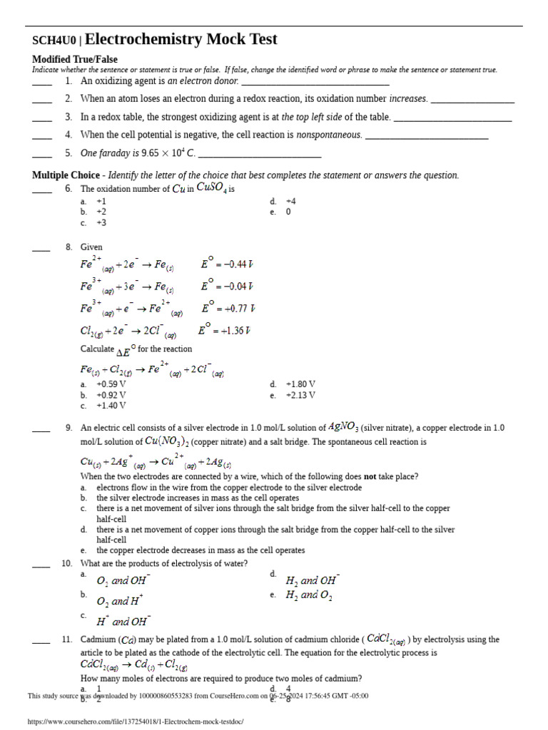 Electrochem Mock Test | PDF | Electrochemistry | Redox
