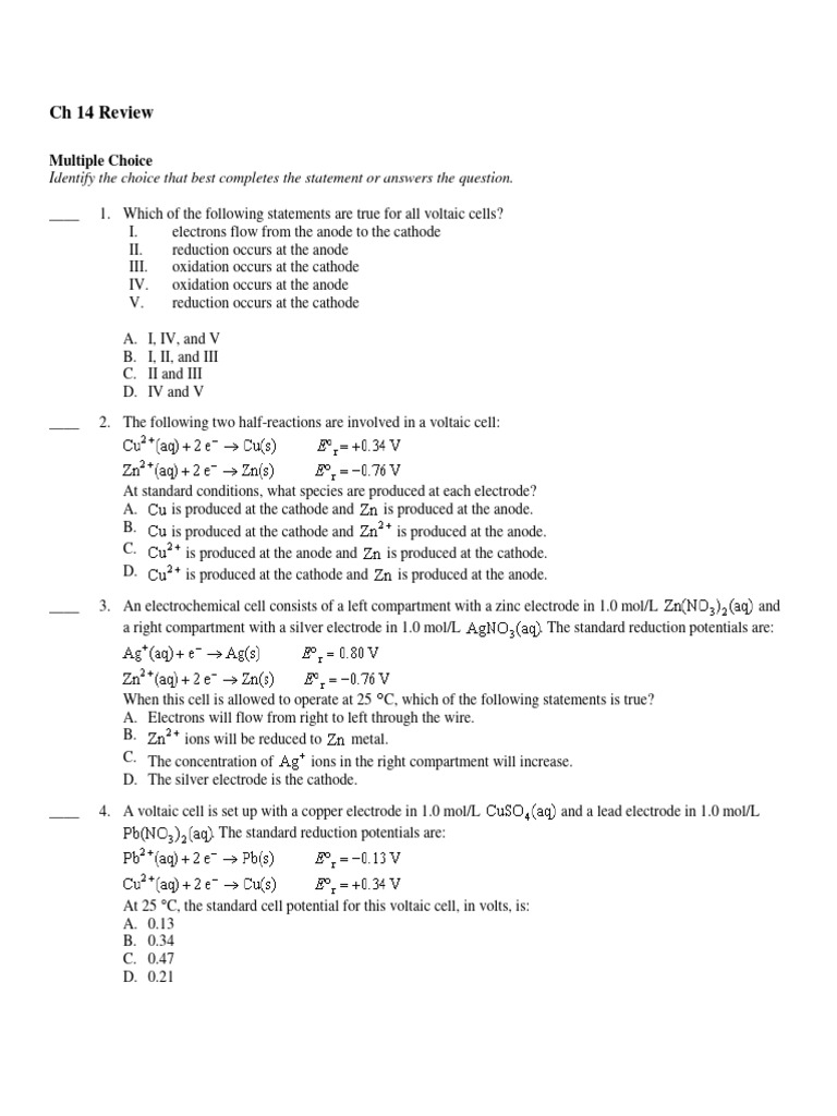 Chapter 14 Review Assignment PDF | PDF | Redox | Anode