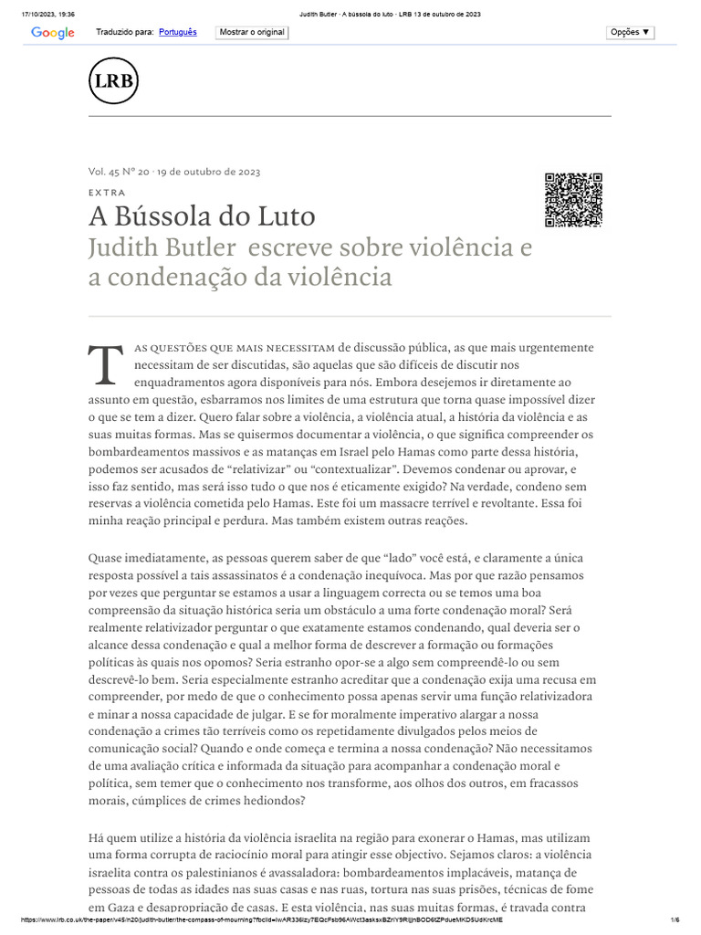 Judith Butler A Bússola Do Luto LRB 13 de Outubro de 2023 | PDF | Hamas ...