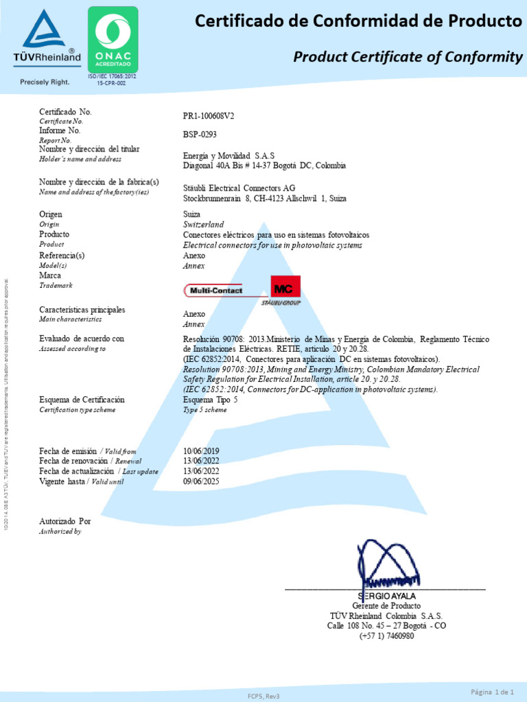 Certificado de Conformidad de Producto: Product Certificate of ...