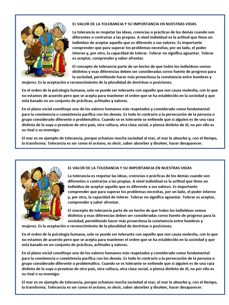 El Valor de La Tolerancia y Su Importancia en Nuestras Vidas. Ficha | PDF | Tolerancia | Sociedad