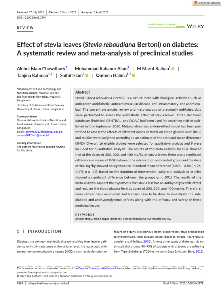Food Science Nutrition - 2022 - Chowdhury - Effect of Stevia Leaves Stevia Rebaudiana Bertoni On ...