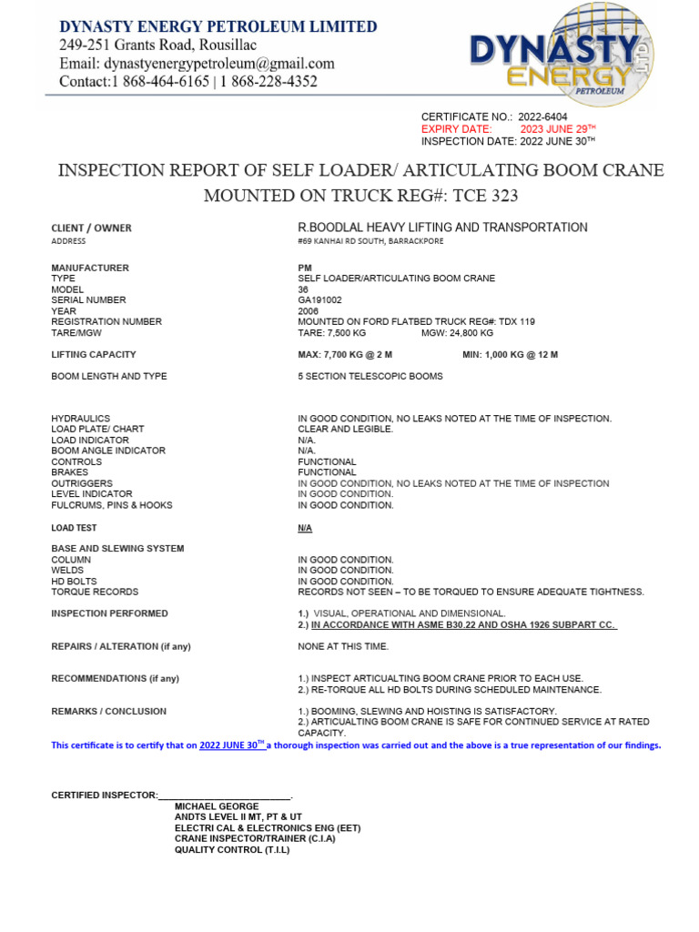 2022-6404-Inspection Report On Articulating Boom Crane Mounted On Truck ...