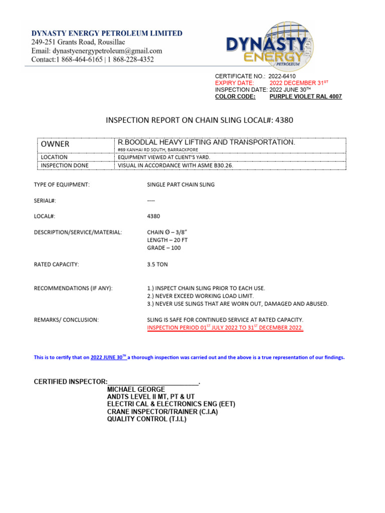 2022-6410-Inspection Report On Chain Sling LN 4380 | PDF | Technology ...