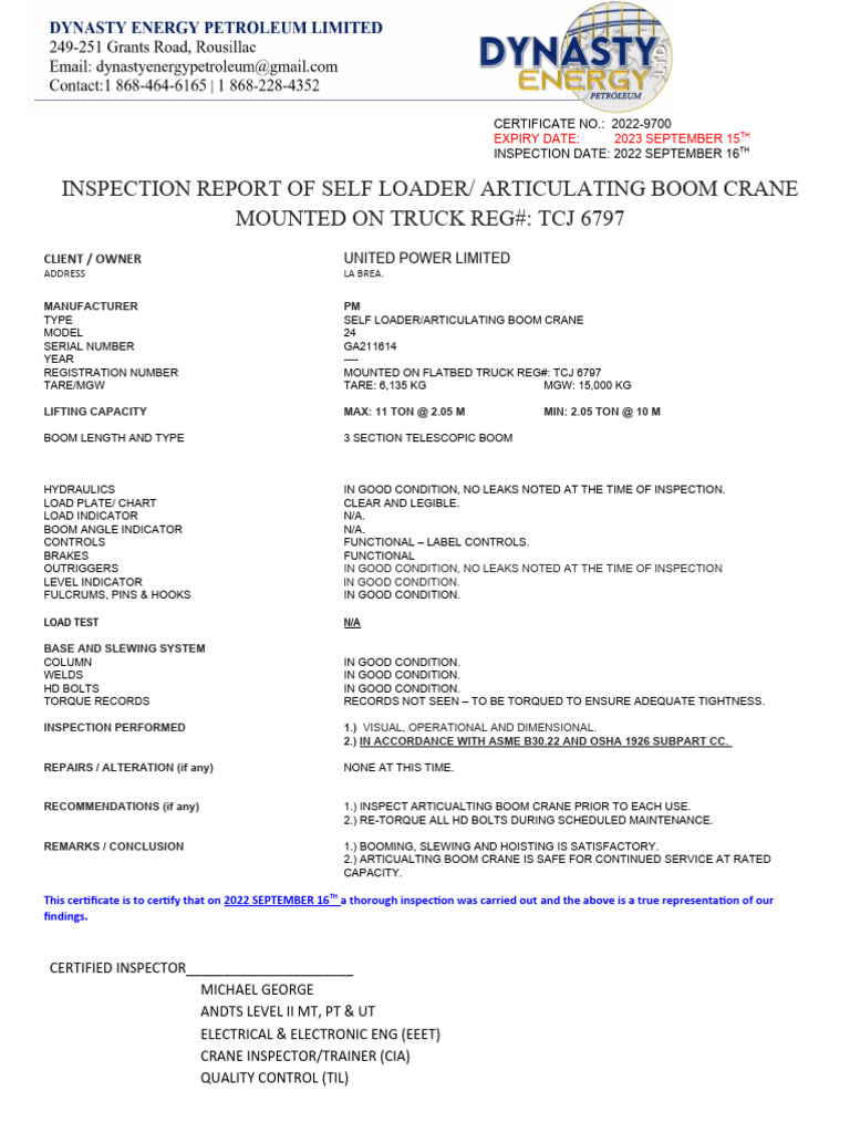 2022-9700-Inspection Report On Articulating Boom Crane Mounted On Truck ...