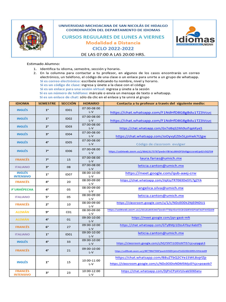 Contacto y Horarios Cursos de Idiomas | PDF