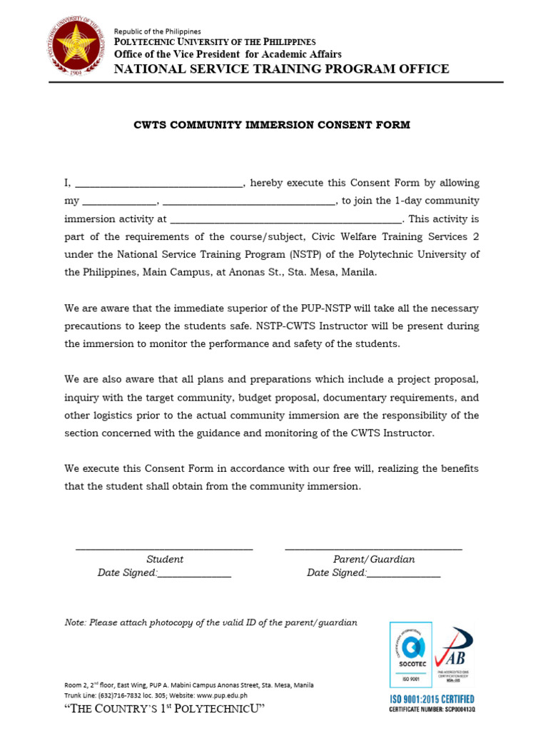 PUP CWTS Community Immersion Consent Form | PDF | Career & Growth ...