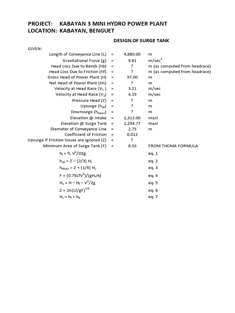 Kabayan 3 Surge Tank Design | PDF | Civil Engineering | Fluid Dynamics