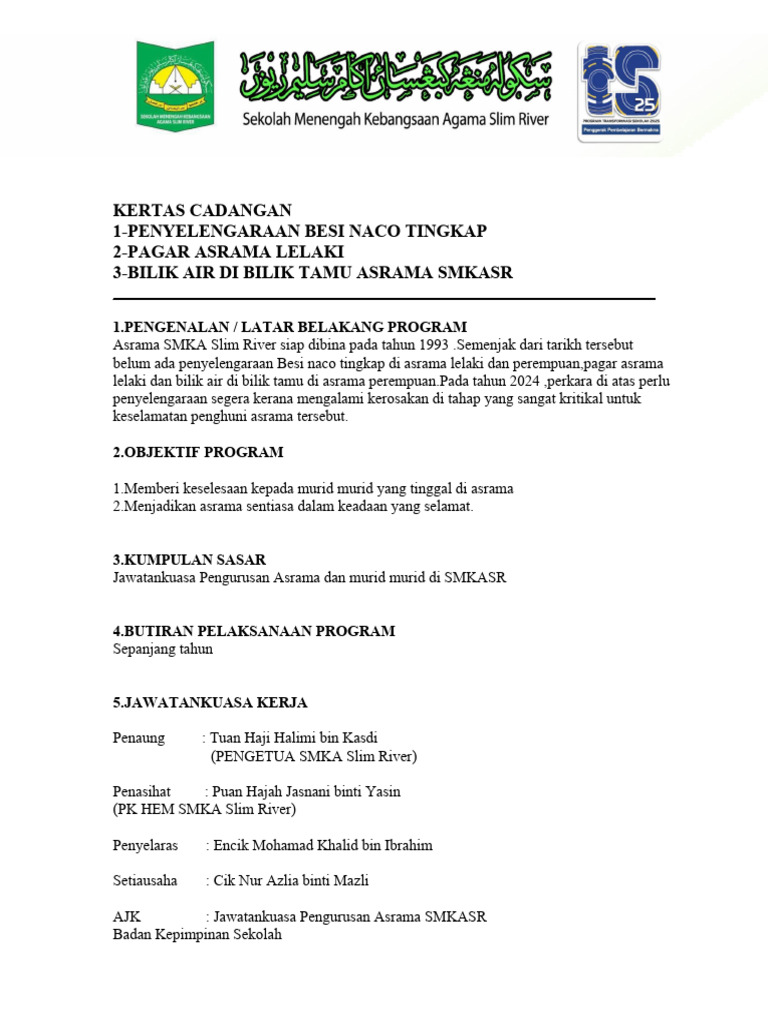 Kertas Kerja Penyelengaraan Asrama Duit BMA | PDF