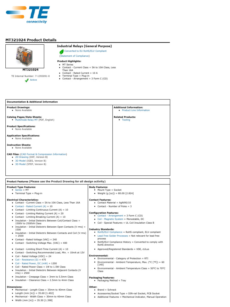 Schrack-MT321024-datasheet | PDF | Relay | Insulator (Electricity)