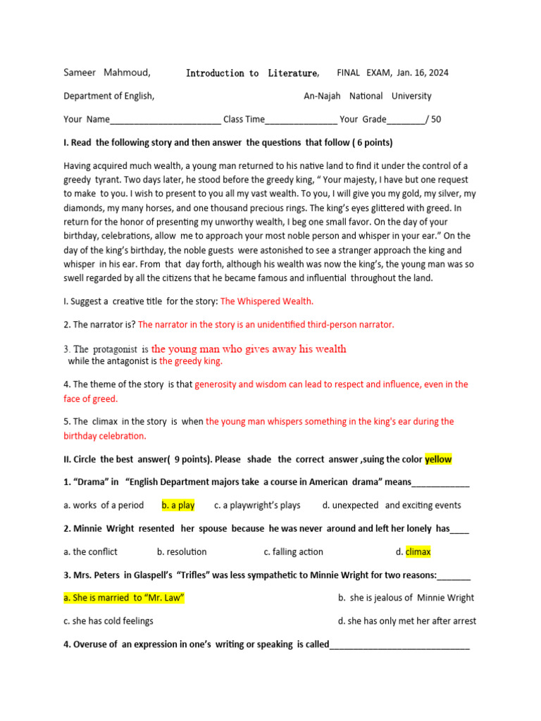 Introduction to Literature Final Exam Part I Multiple Choice) Jan 26^J ...