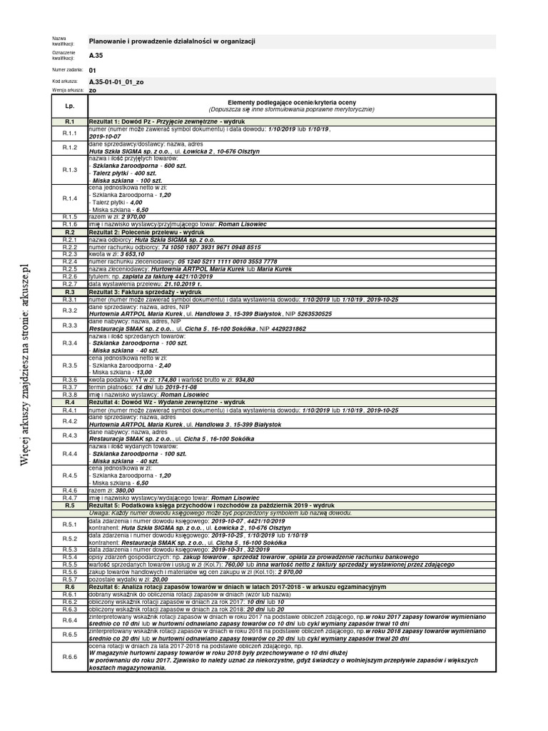 A35 2020 Styczen Egzamin Zawodowy Praktyczny Zasady Oceniania | PDF