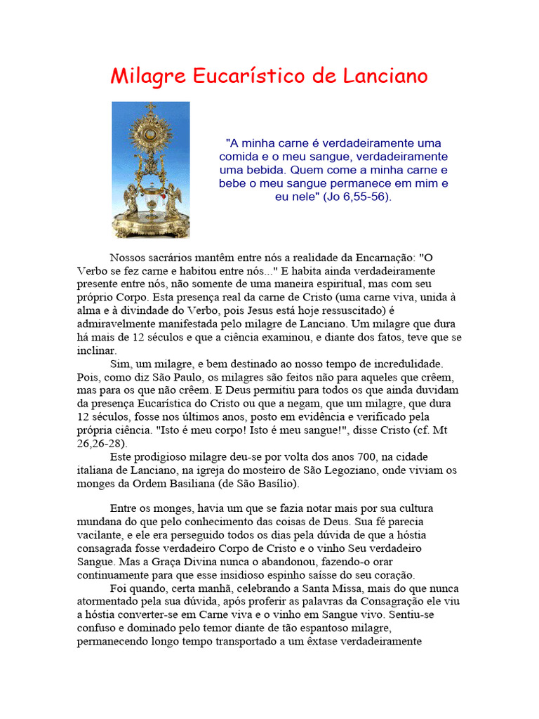 Milagre Eucarístico de Lanciano | PDF | Eucaristia | Jesus