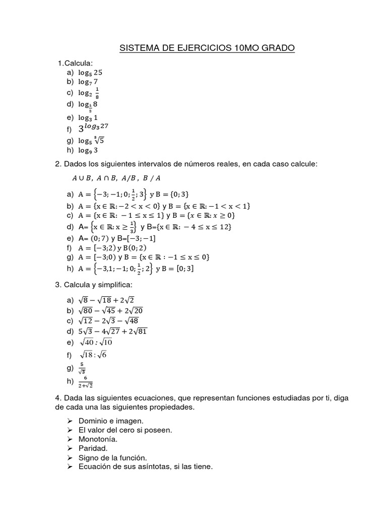 Sistema De Ejercicios 10mo Grado Pdf Matemáticas Análisis Matemático