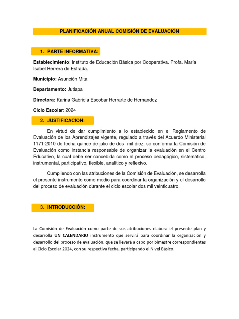 Plan de Comision de Evaluacion 2024 | PDF | Evaluación